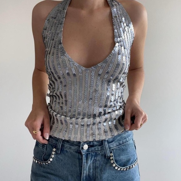 Tops | Vintage Silver Sequin Halter Knit Backless Tie Top | Poshmark